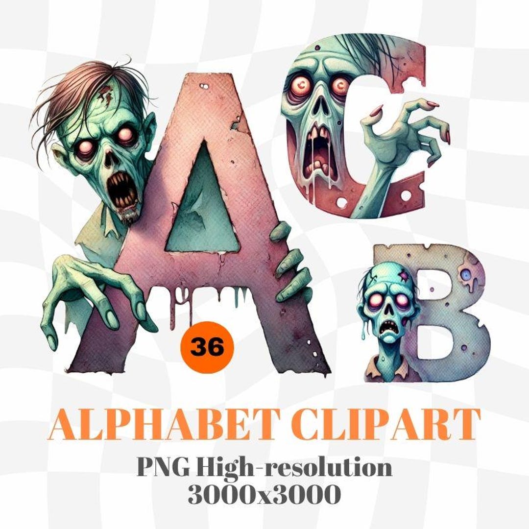 Zombie Alphabet Clipart: Watercolor Halloween Letters PNG (digital ...