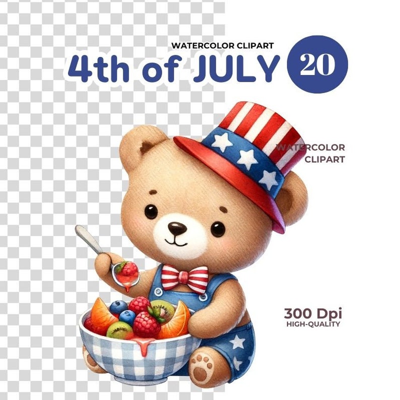4th of July Watercolor Clipart Set, Cute Patriotic Bear Illustrations ...
