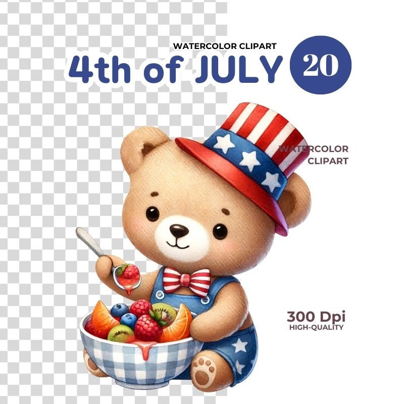 4th of July Watercolor Clipart Set, Cute Patriotic Bear Illustrations ...
