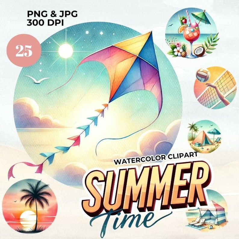 Watercolor Summer Clipart Bundle - 25 PNG & JPG Images, Beach, Vacation ...