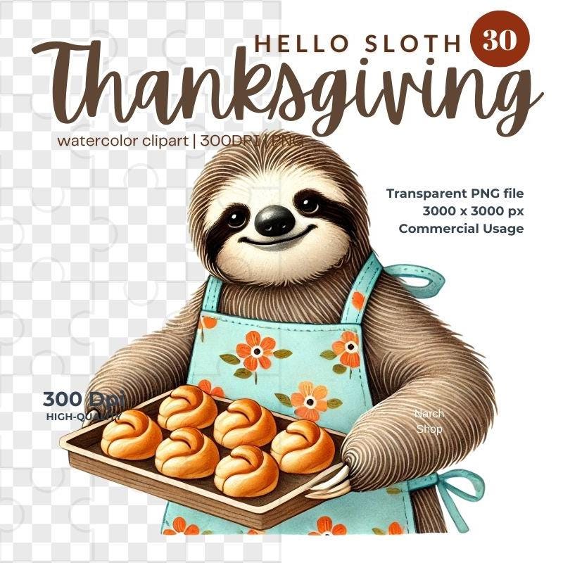 Cute Sloth Thanksgiving Clipart Watercolor Sloth Fall Clip Art Set 300 ...