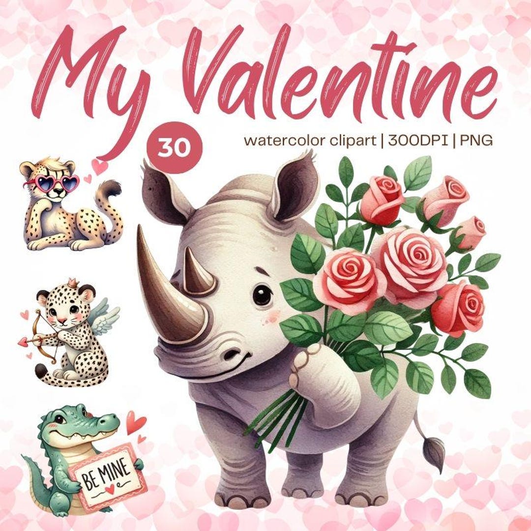Valentine’s Day Watercolor Clipart Safari Animal Cute Rhino With Roses ...