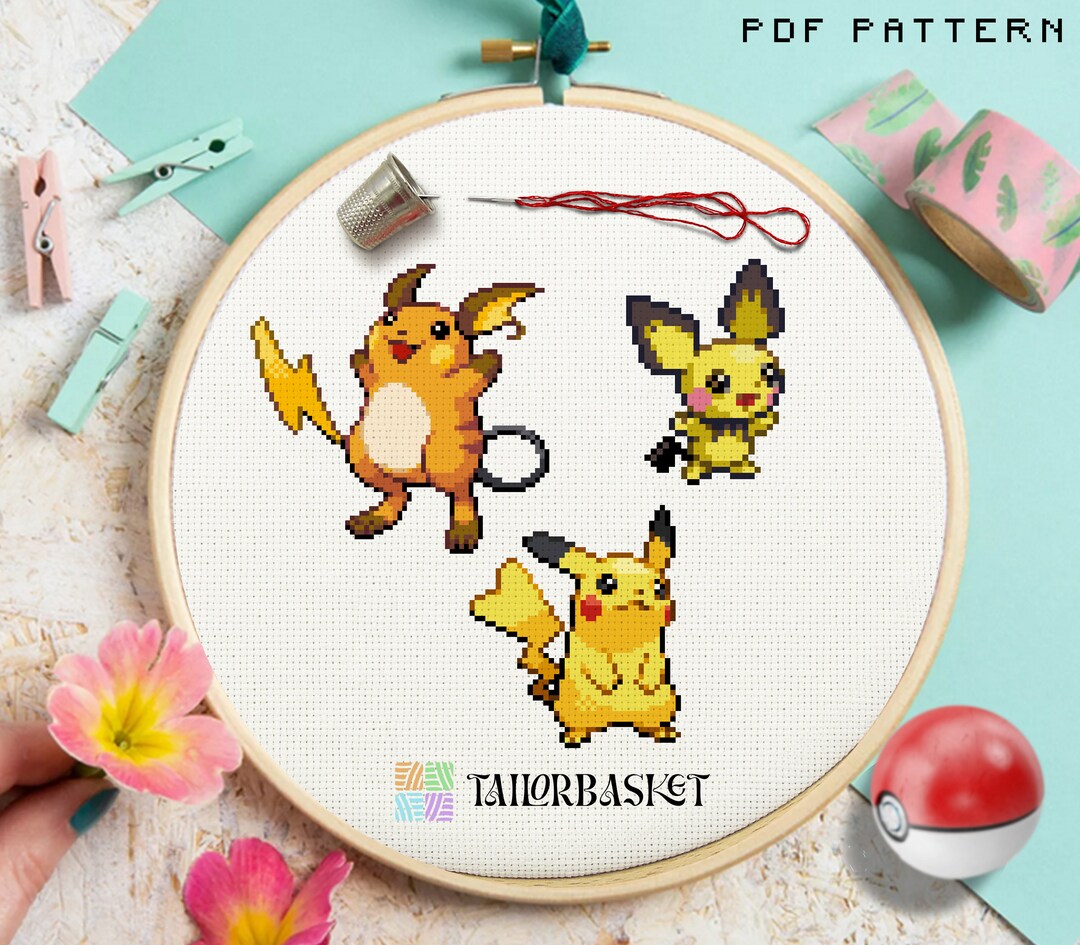 Pikachu Evolution Cross Stitch Pattern, Poke Embroidery Pattern ...