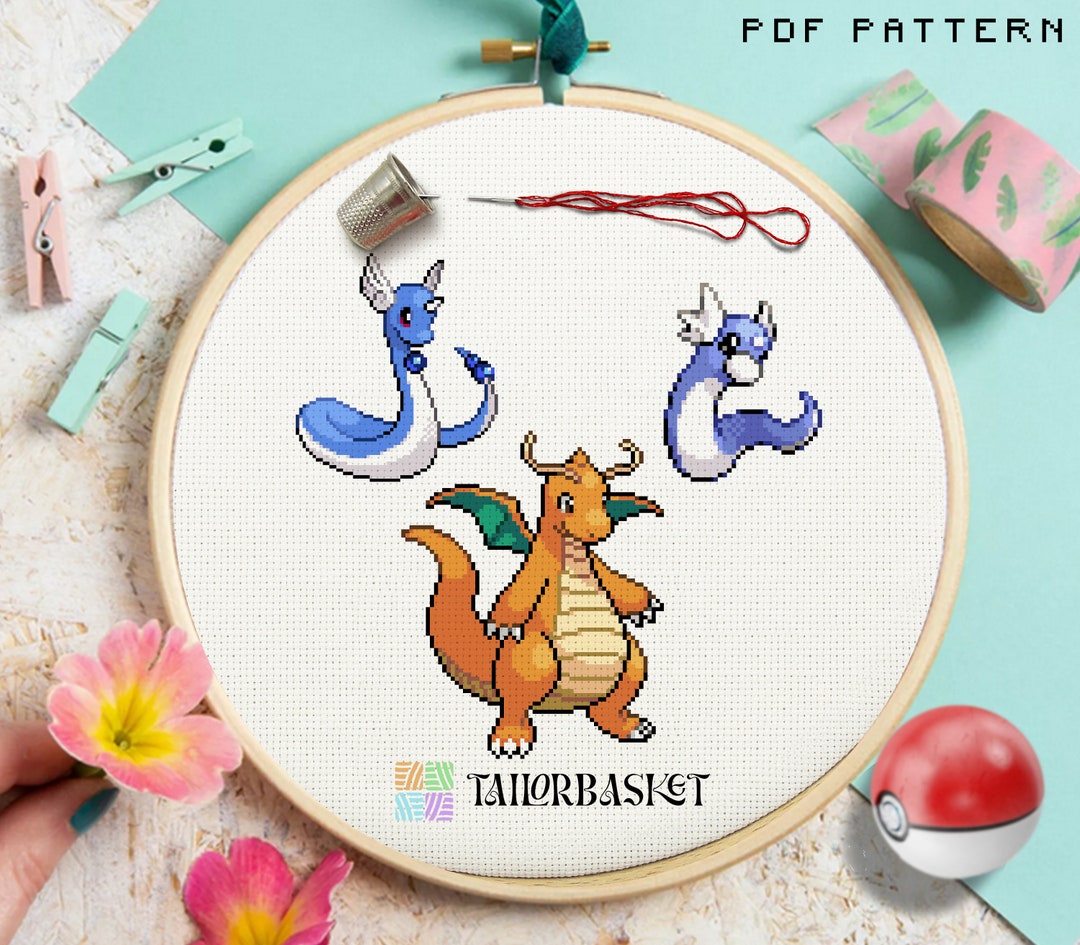 Dragonite Evolution Cross Stitch Pattern, Poke Embroidery Pattern ...