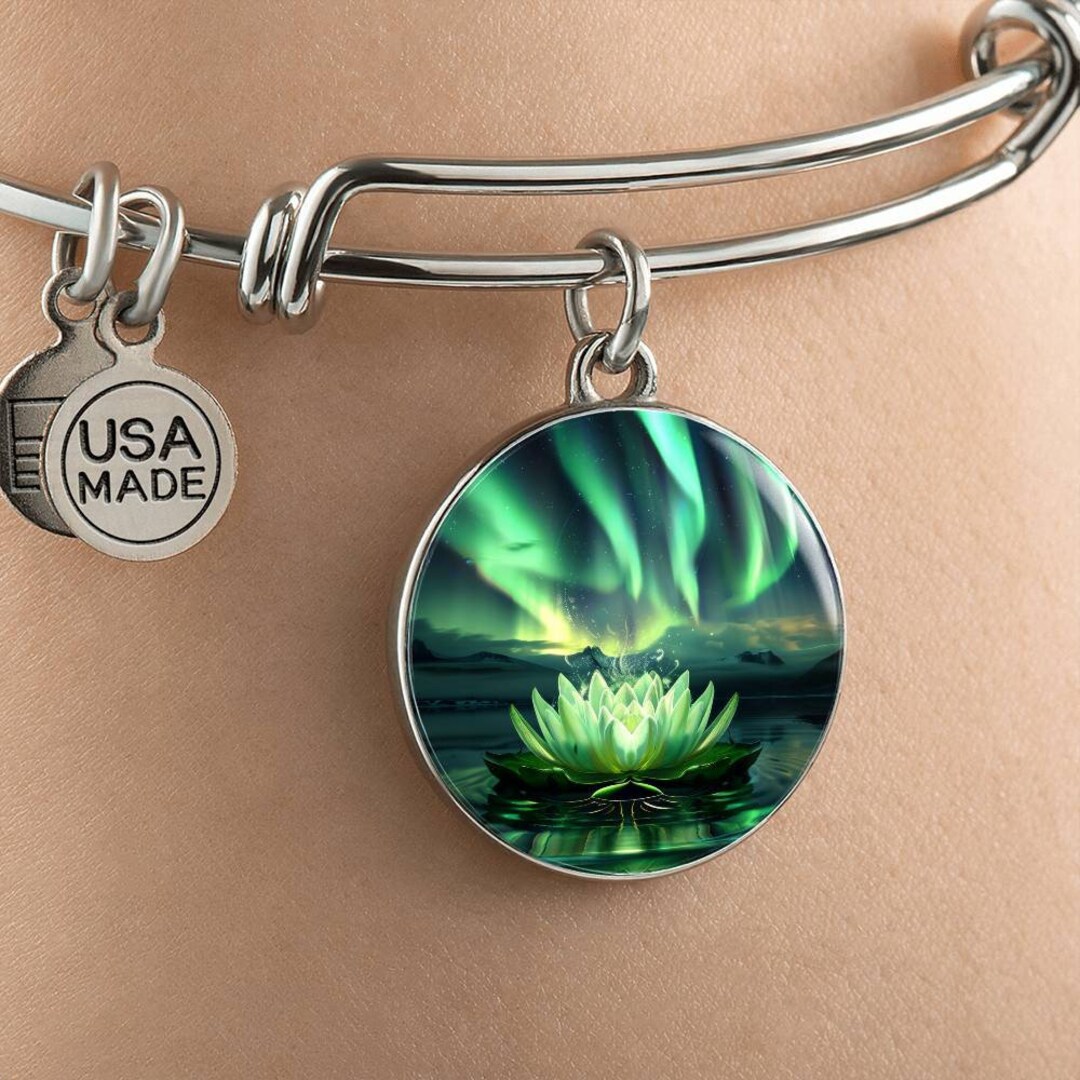 Custom Lotus Flower Northern Lights Necklace | Engraved Emerald Green ...
