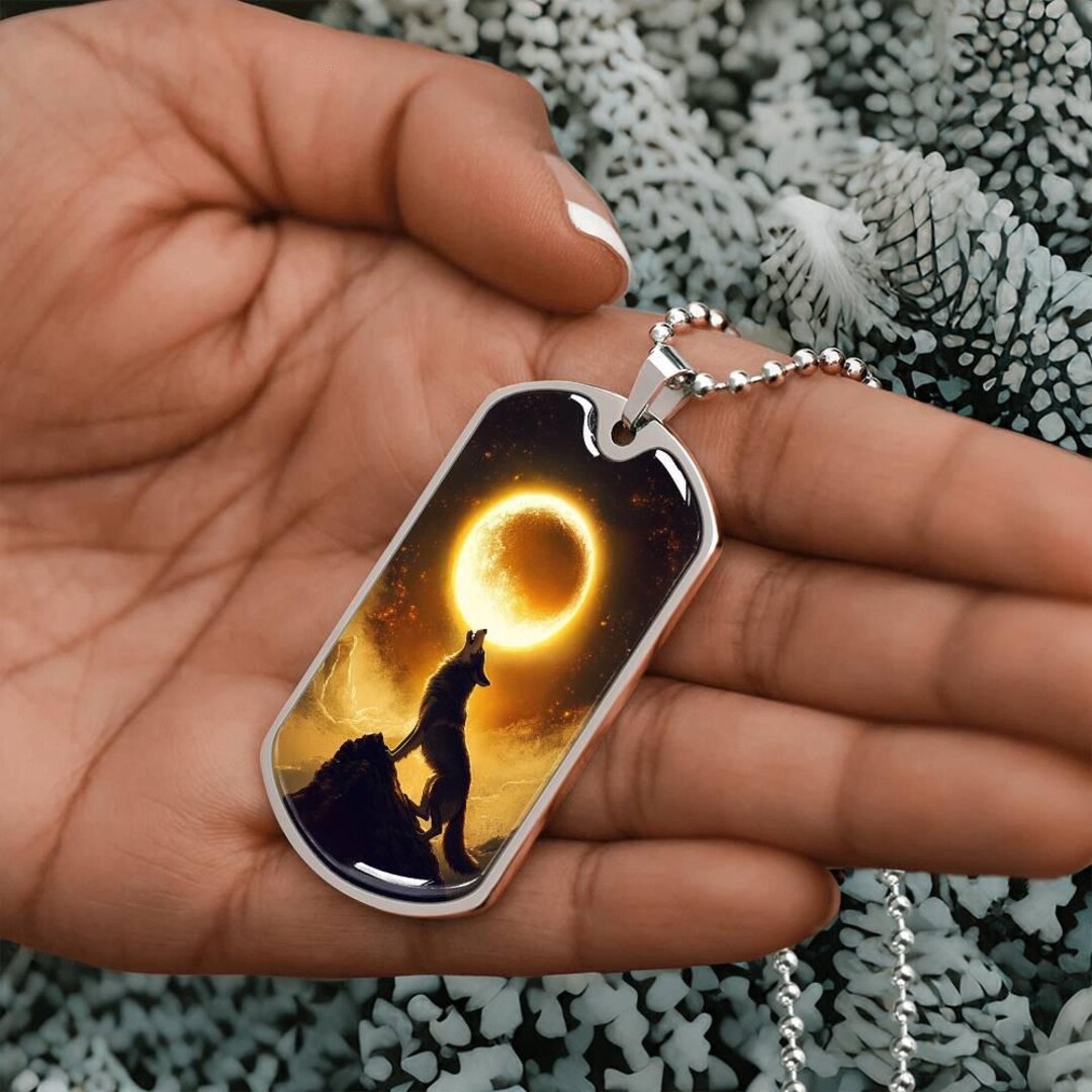 Solar Eclipse Wolf Jewelry 4 Men Personalized Howling Wolf Dog Tag 4 ...