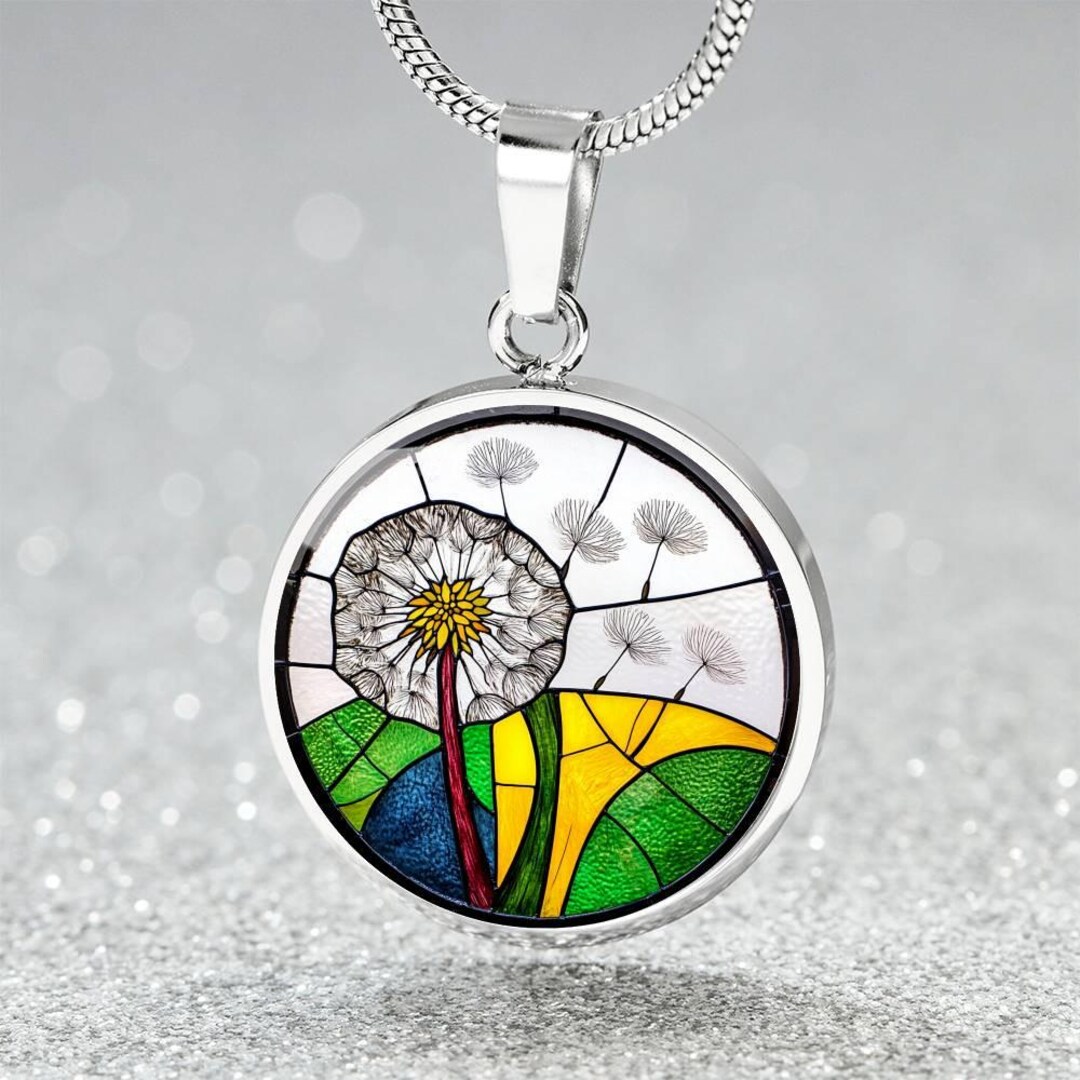 Fauxed Stained Glass Necklace Dandelion Gift-4-her | Engraved Dandelion ...