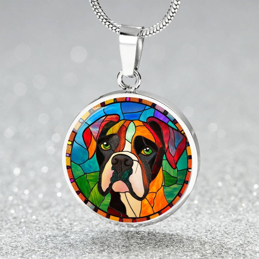 Boxer Dog Lover Faux Stained Glass Pendant Necklace | Engraved Unique ...