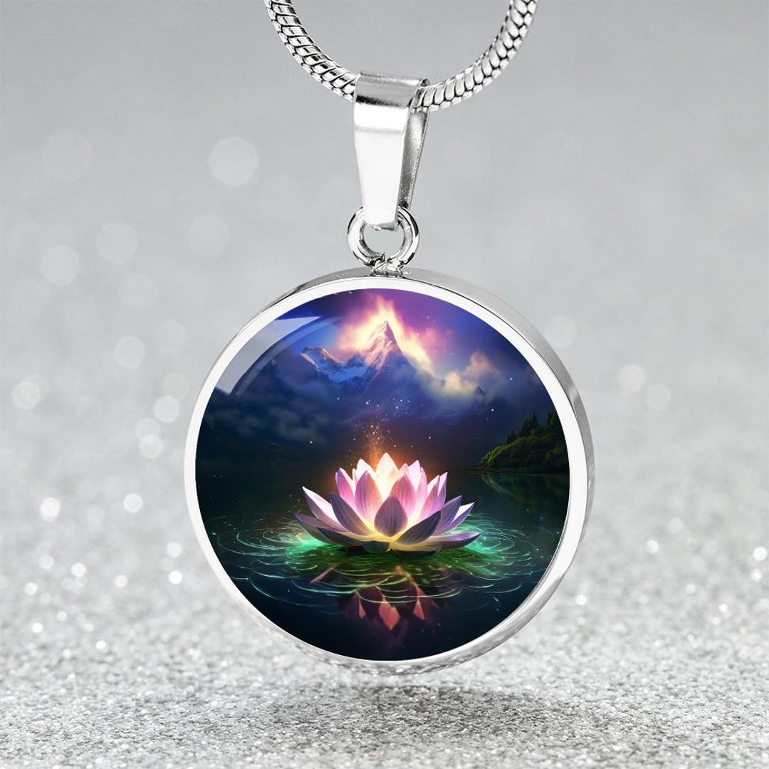 Engraved Lotus Flower Northern Lights & Mountains Necklace | Custom ...