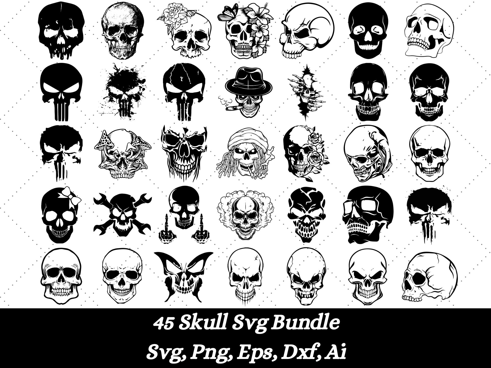 Skull Svg Bundle, Punisher Svg, Skull Silhouette, Skull Vector, Skull ...