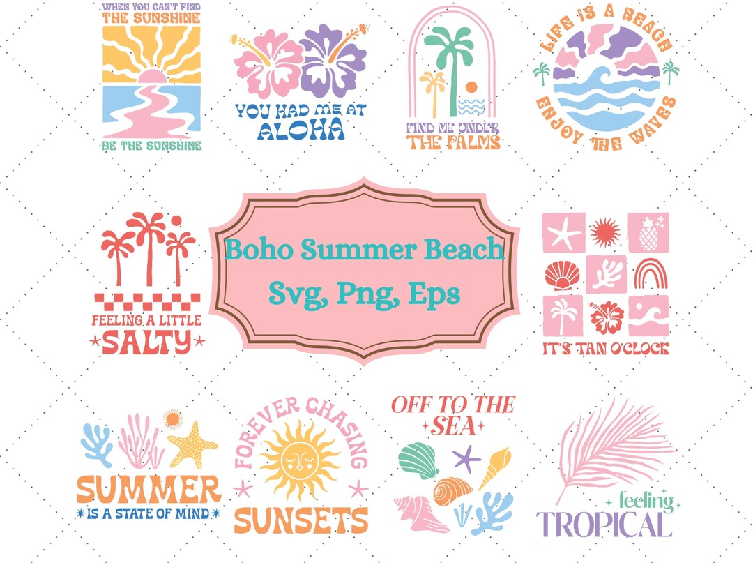 Boho Summer Beach Svg Bundle, Retro Summer Svg, Beach Svg, Vacation Svg ...