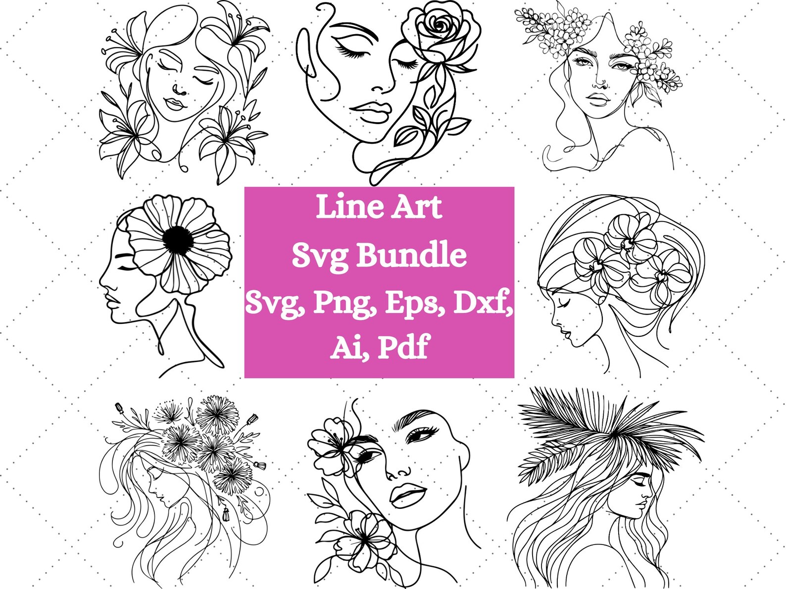 Line Art Svg Bundle, Flowers in Hair Svg, Line Art Face Svg, Faces ...