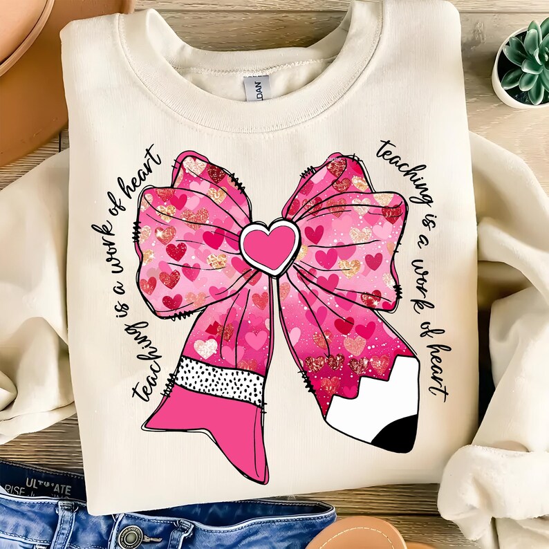 Retro Teacher Valentine Coquette Bow Pencil Png, Glitter Valentine ...