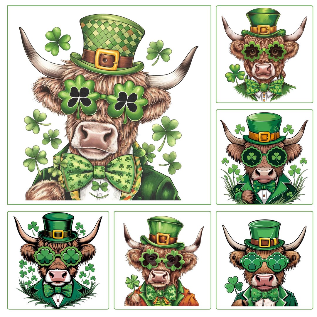 St Patrick's Day Highland Cow PNG Bundle, St. Patrick's Day Clover ...