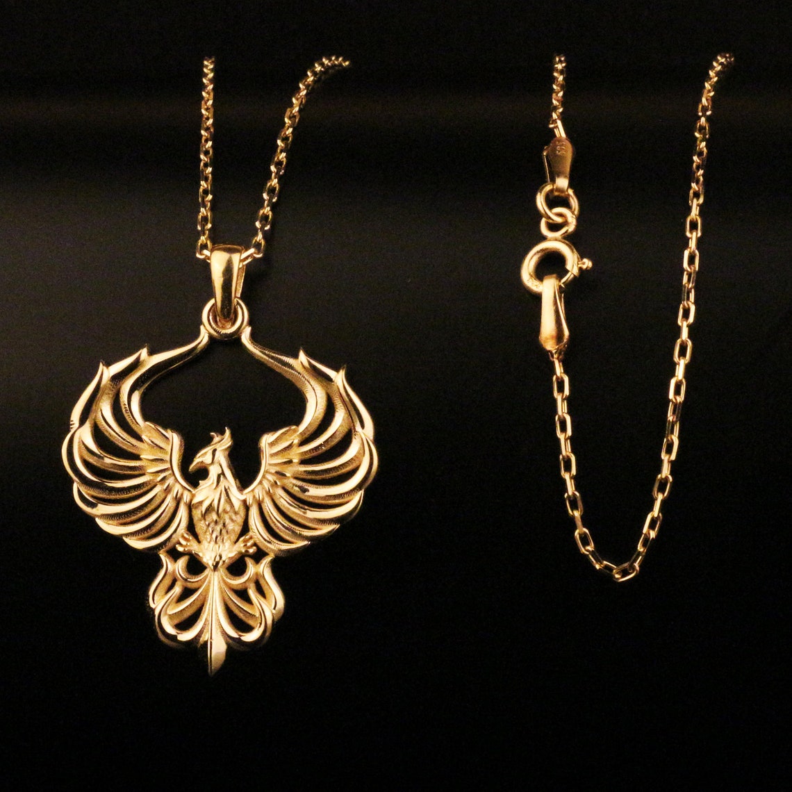 14K Solid Gold Phoenix Necklace, Gold Fire Bird Pendant,dainty Phoenix ...