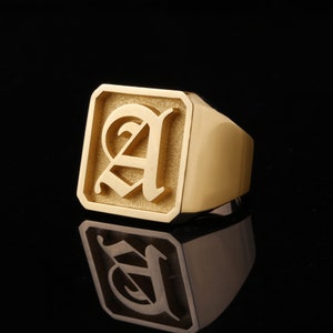 14K Solid Gold Signet Ring, Old English Initial Ring, Personalized Initial Ring, Custom Design ...