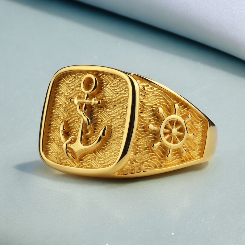 14K Solid Gold Anchor Ring, Anchor Signet Ring, Sailor Ring, Gold ...