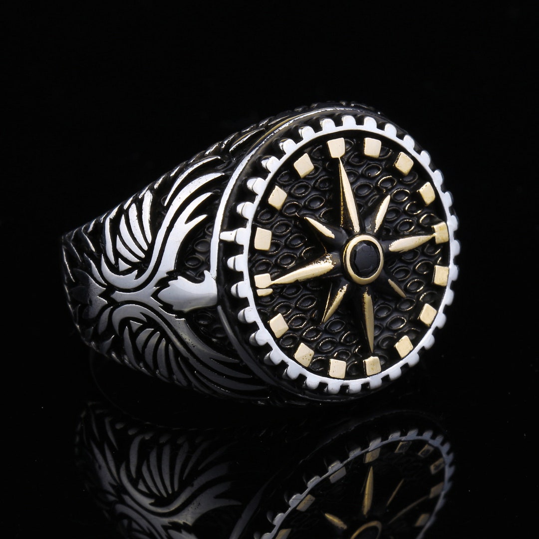 Compass Silver Ring, Compass Silver Men Signet Ring, Nautical Compass ...