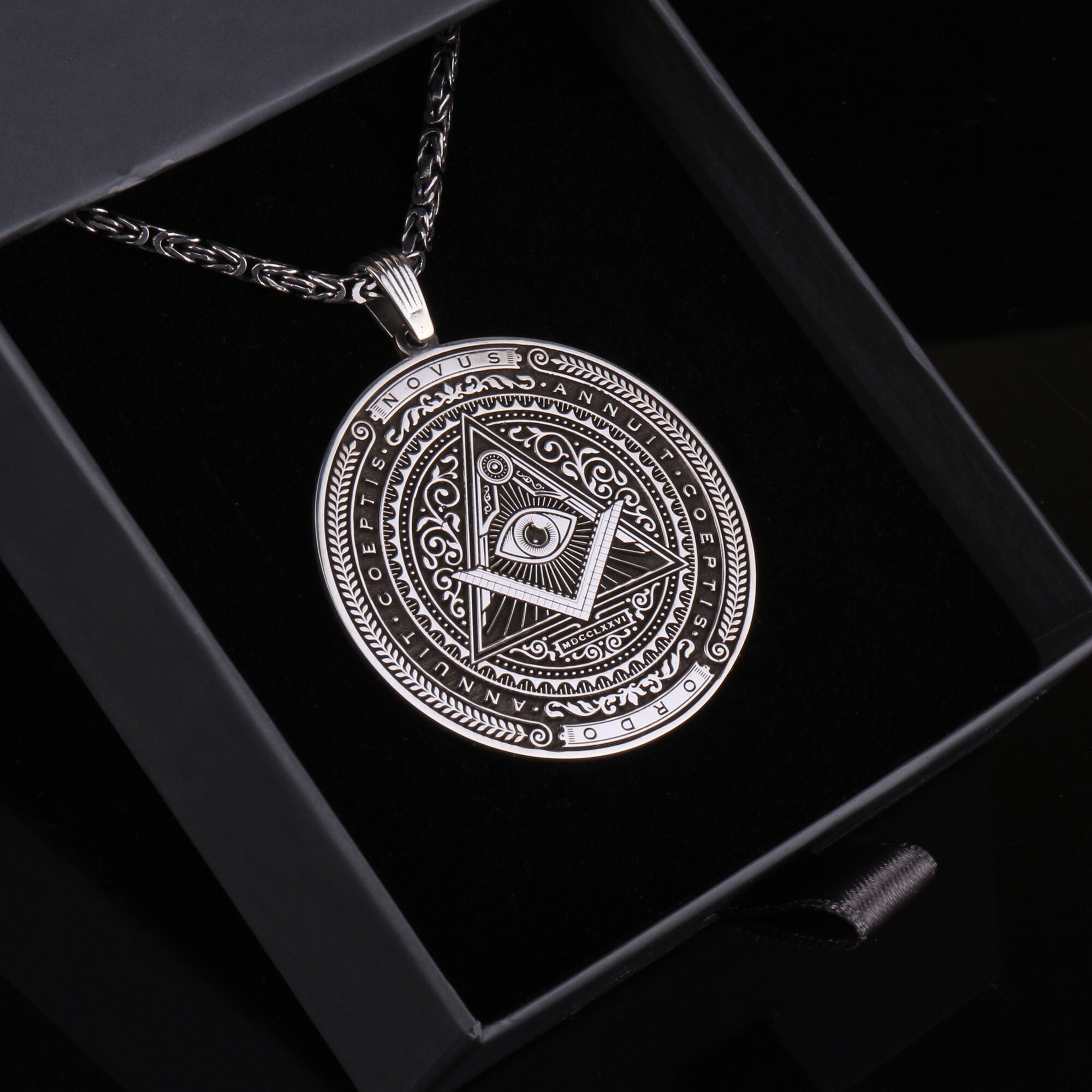 Mens Illuminati Masonic All Seeing Eye Pendant Necklace, Masonic Annuit ...