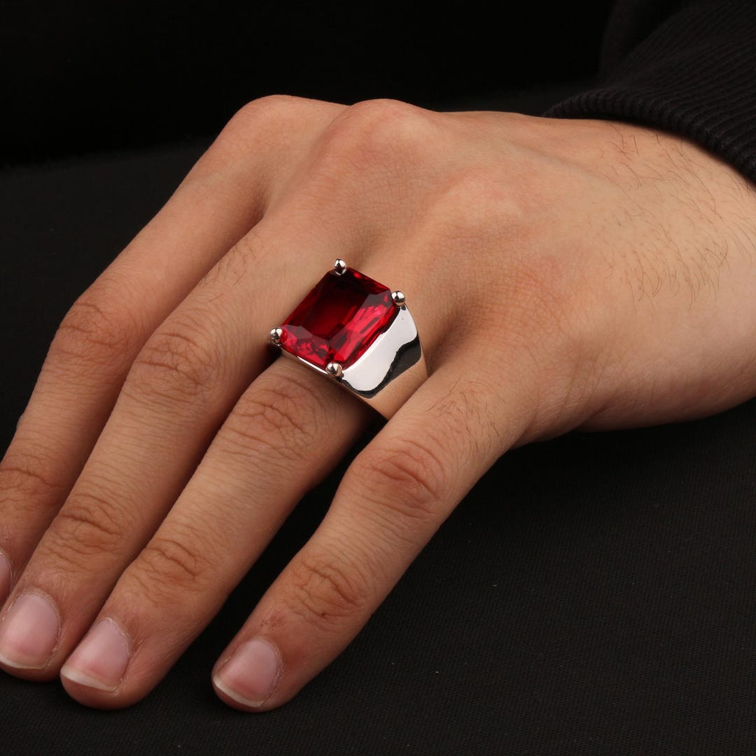 Red Ruby Gemstone Silver Men's Ring, Ruby Stone Silver Ring , Silver Handmade Ruby Ring, Bright ...