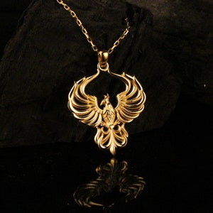 14K Solid Gold Phoenix Necklace, Gold Fire Bird Pendant,dainty Phoenix ...