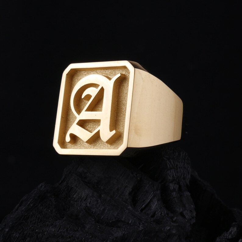 14K Solid Gold Signet Ring, Old English Initial Ring, Personalized Initial Ring, Custom Design ...