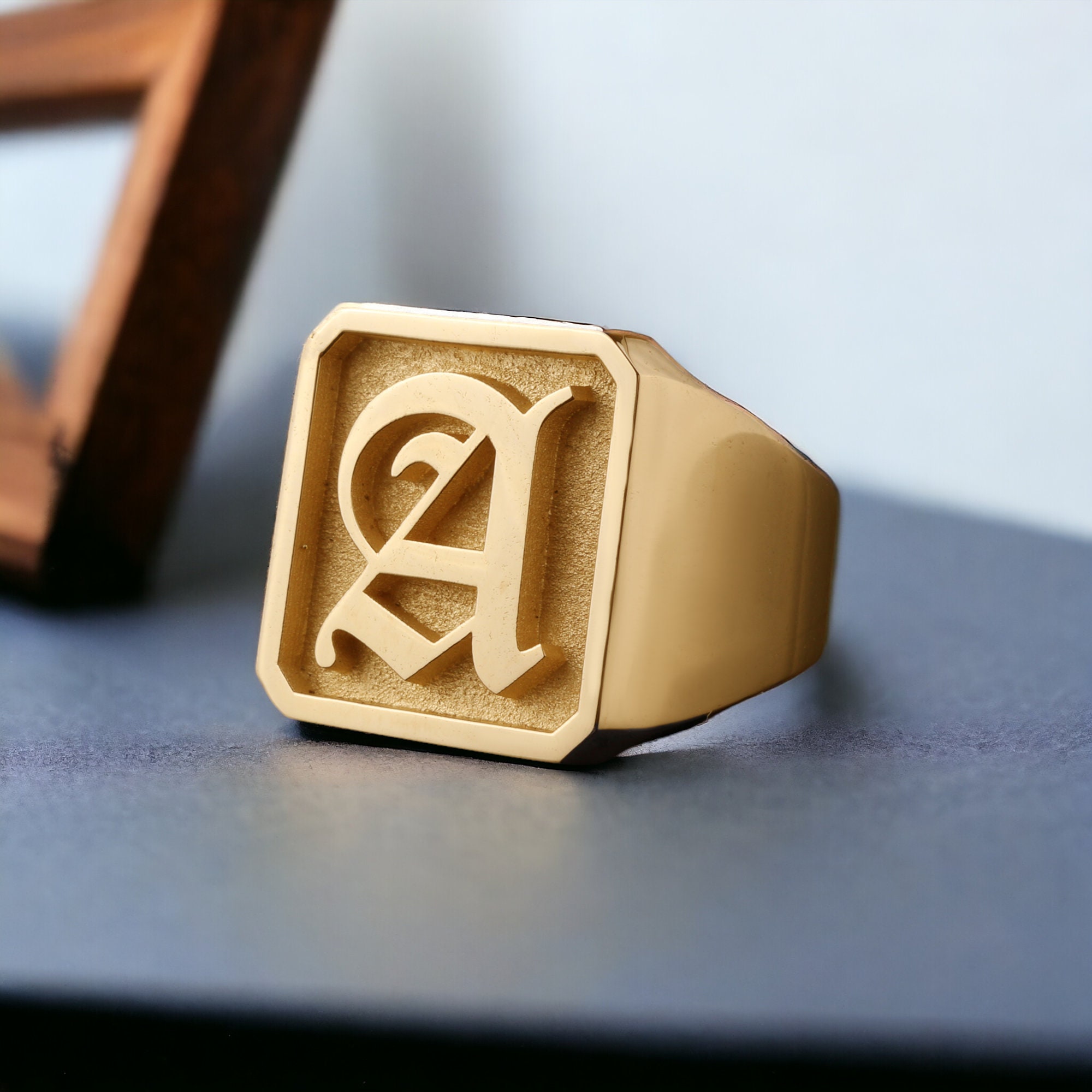 14K Solid Gold Signet Ring, Old English Initial Ring, Personalized Initial Ring, Custom Design ...