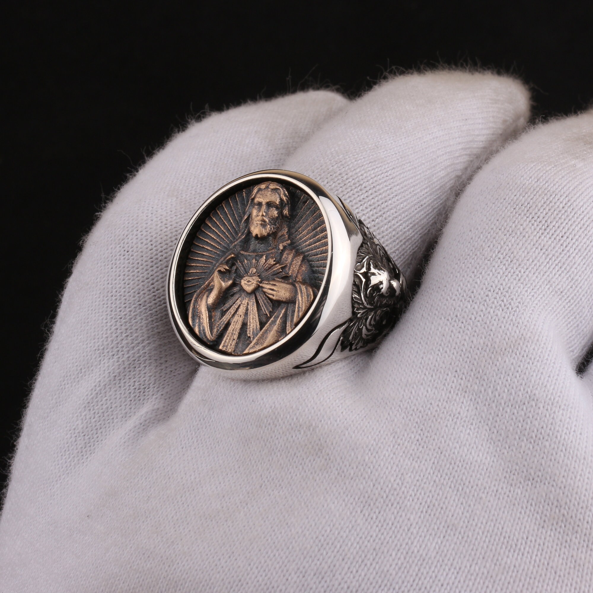 Sacred Heart of Jesus Signet Ring,savior Jesus Mens Ring,religious ...