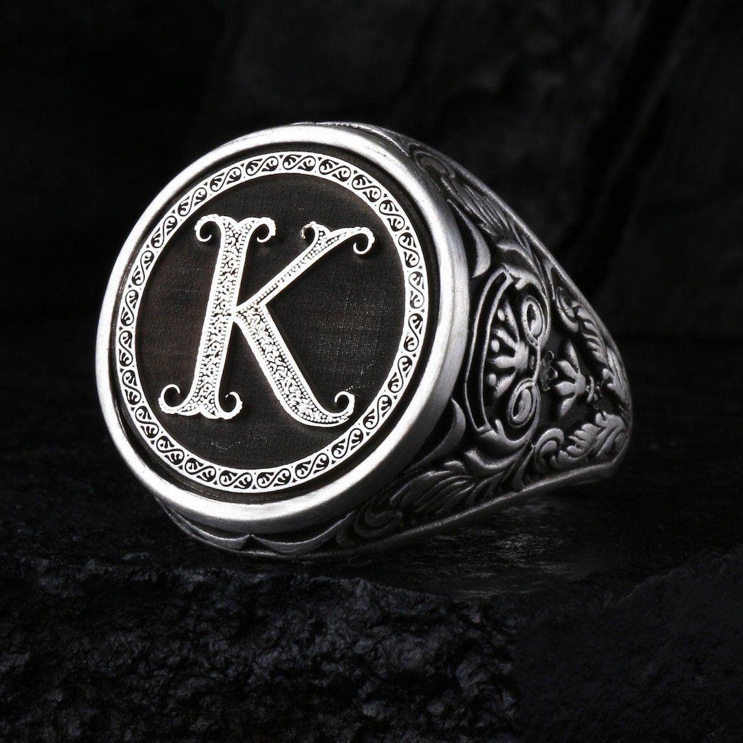 Engraved Initial Silver Men Ring, Personalized Initial Signet Ring ...