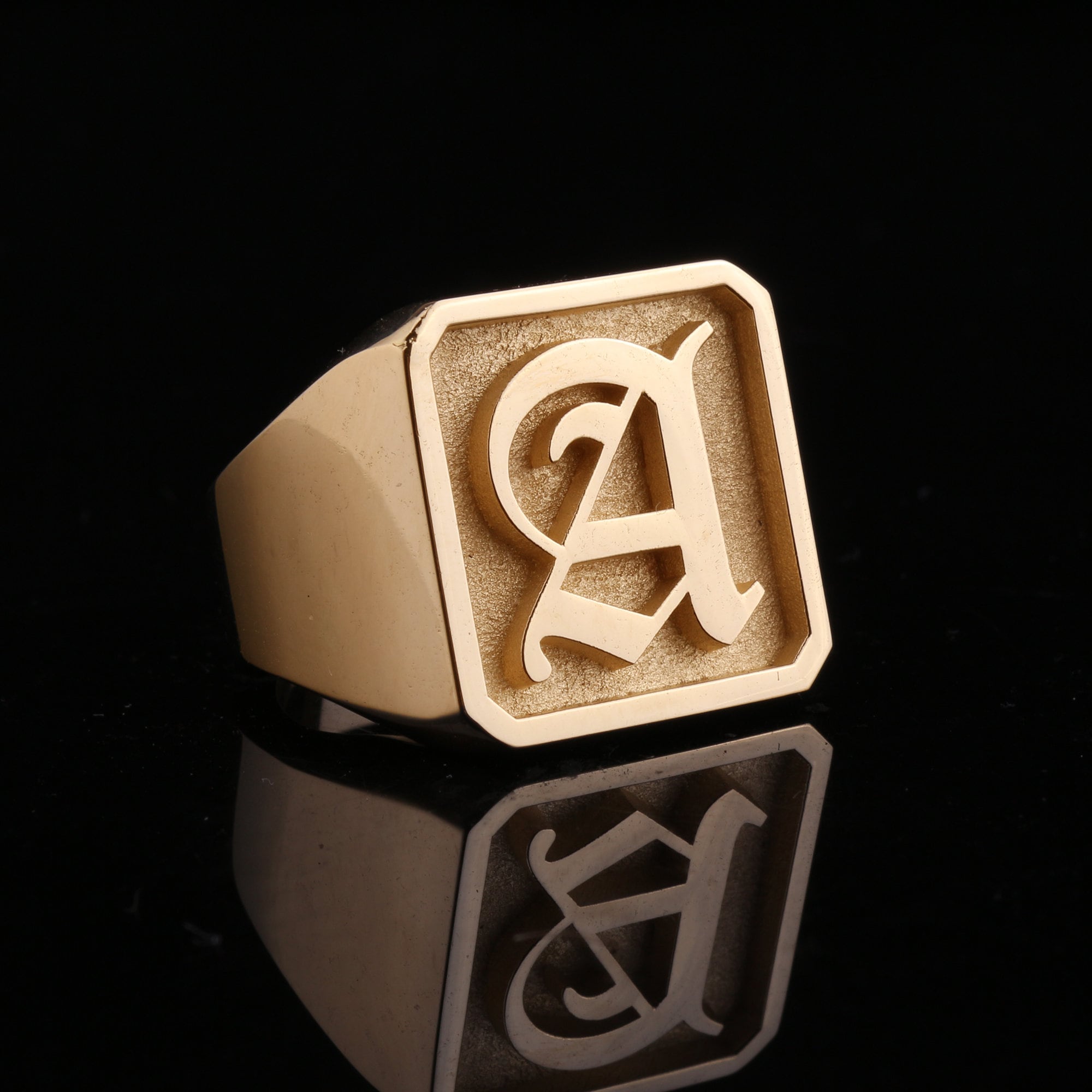 14K Solid Gold Signet Ring, Old English Initial Ring, Personalized Initial Ring, Custom Design ...