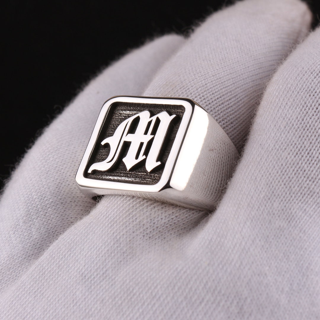 Square Seal Ring, Monogram Name Silver Ring, Old English Ring, Silver ...