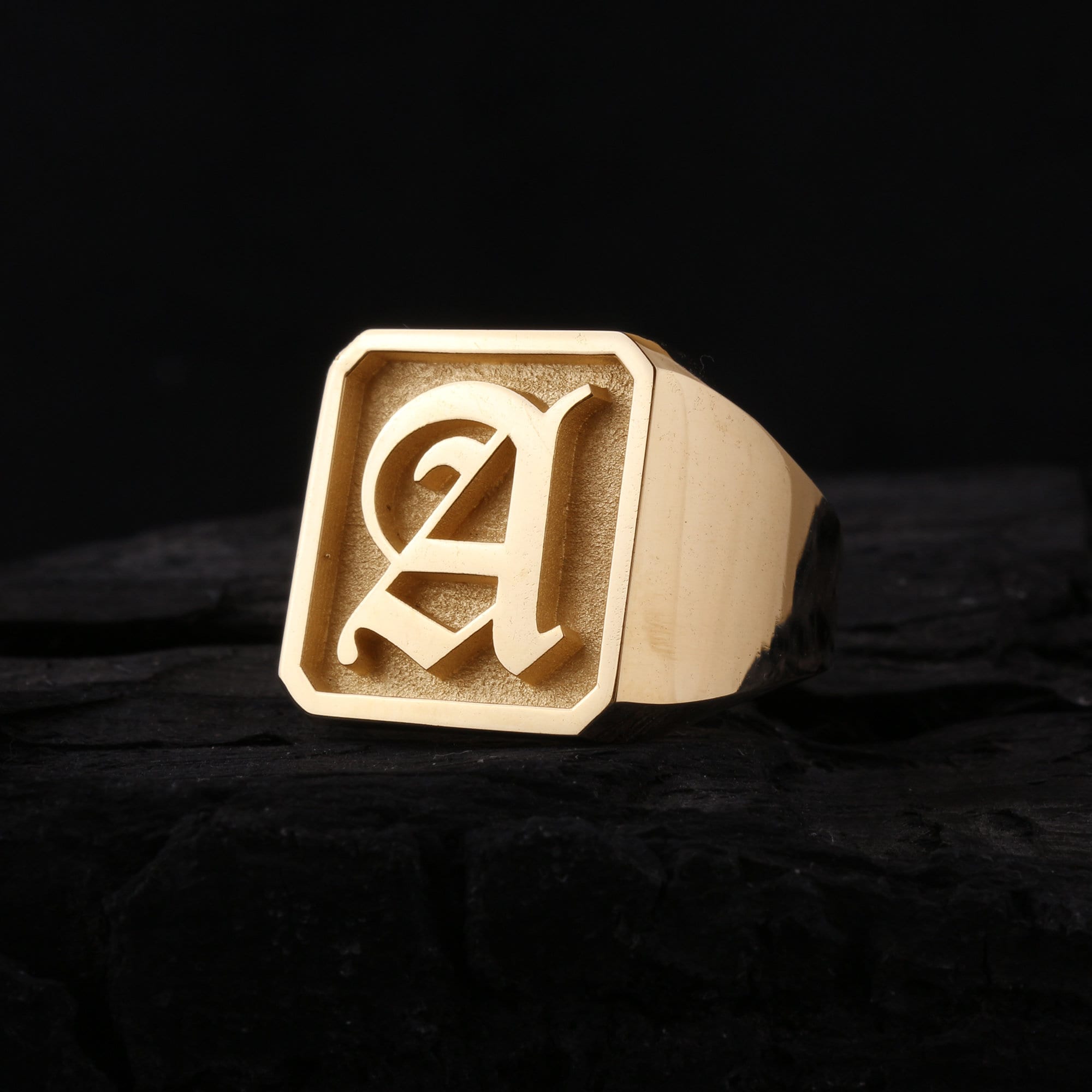 14K Solid Gold Signet Ring, Old English Initial Ring, Personalized Initial Ring, Custom Design ...