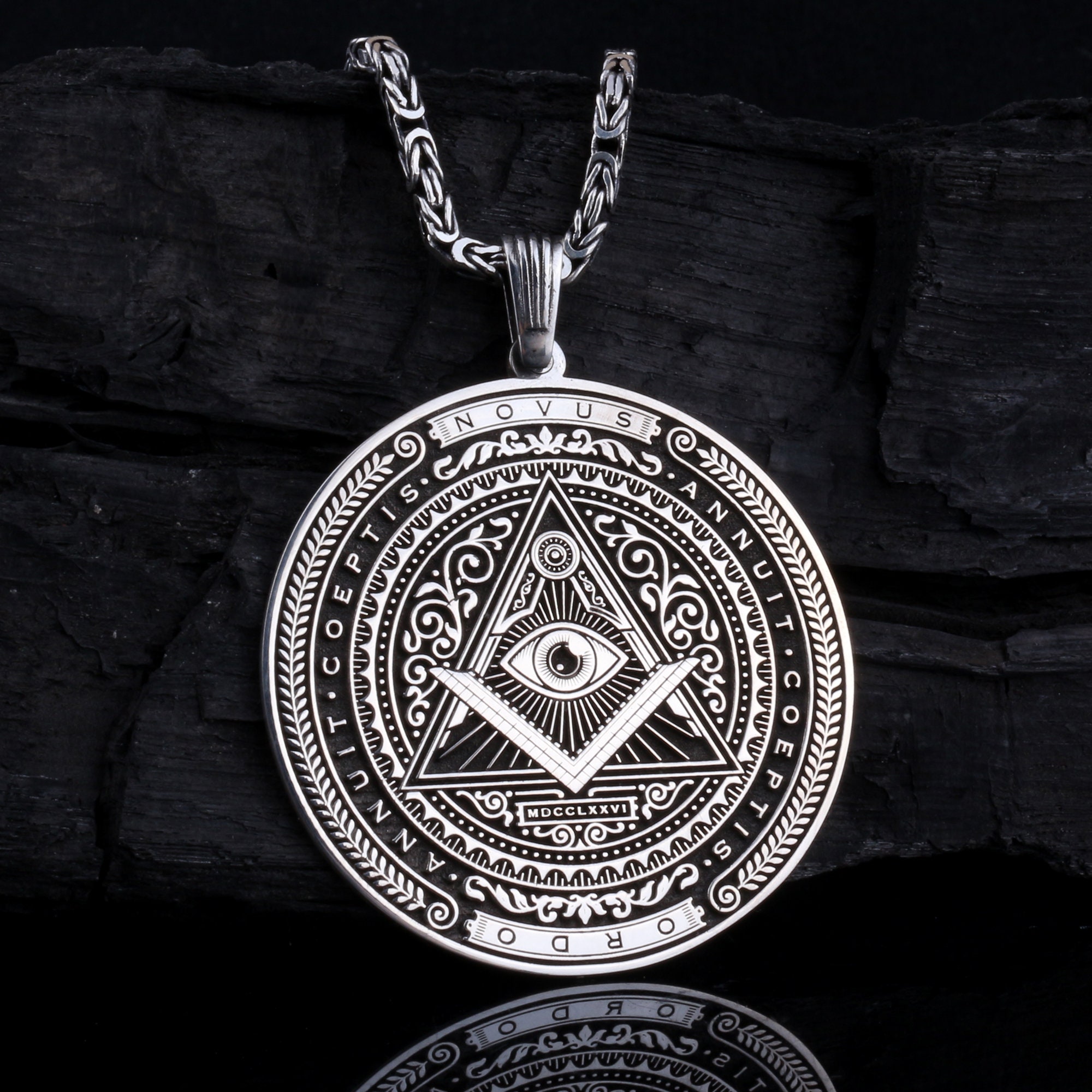 Mens Illuminati Masonic All Seeing Eye Pendant Necklace, Masonic Annuit ...