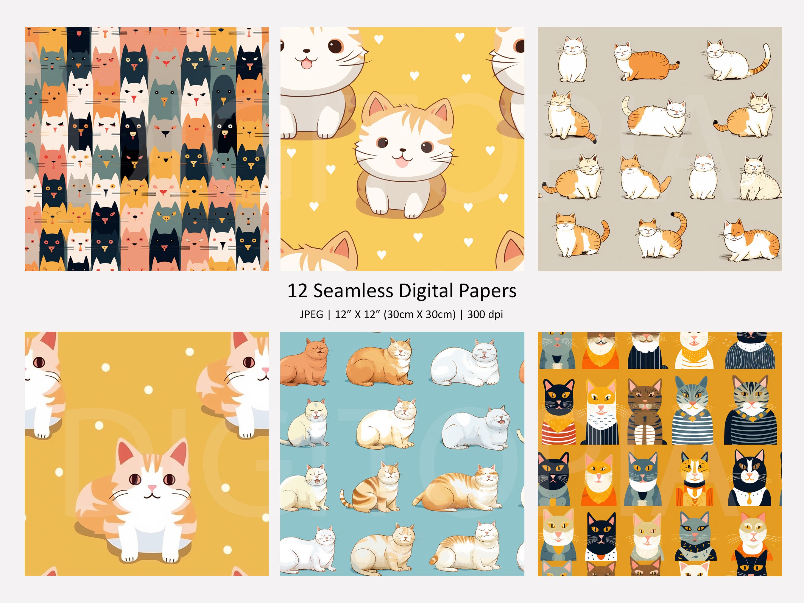 12 Seamless Cats Patterns, Pattern of Cats, Digital Paper With Cats ...