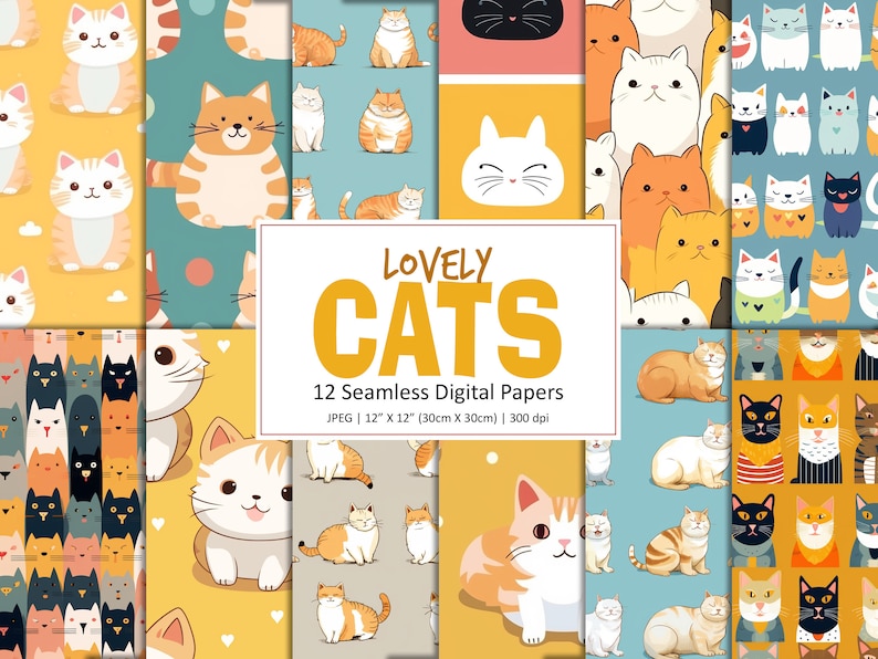 12 Seamless Cats Patterns, Pattern of Cats, Digital Paper With Cats ...