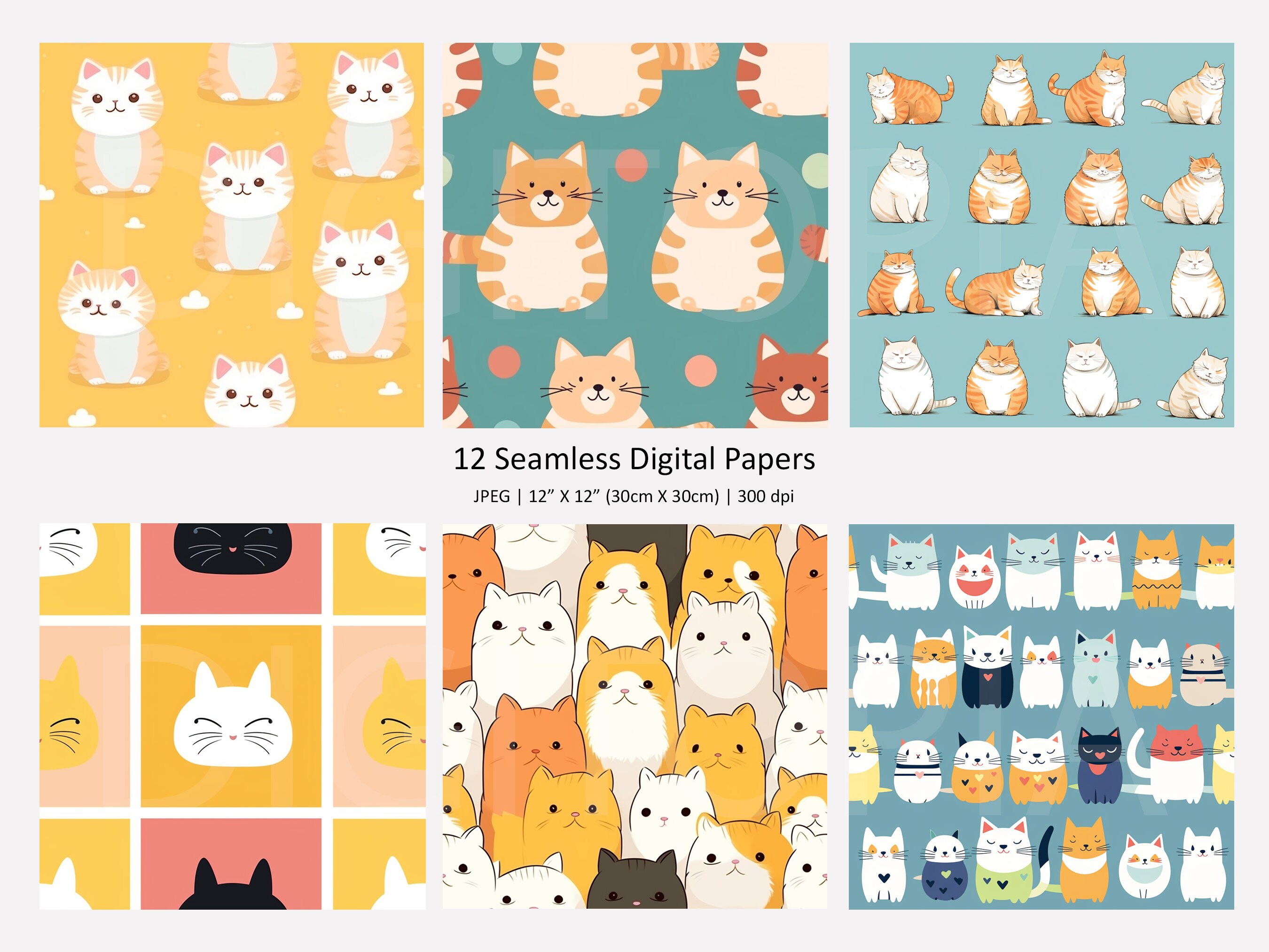 12 Seamless Cats Patterns, Pattern of Cats, Digital Paper With Cats ...
