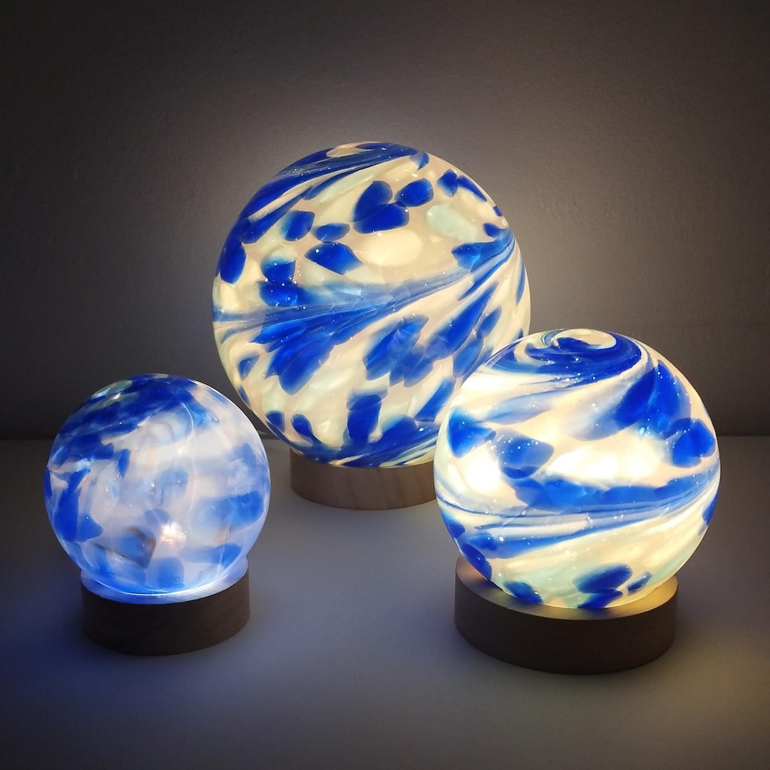 Handcrafted Blue Swirl Glass Sphere Lamp - Elegant Ambient Led Night ...