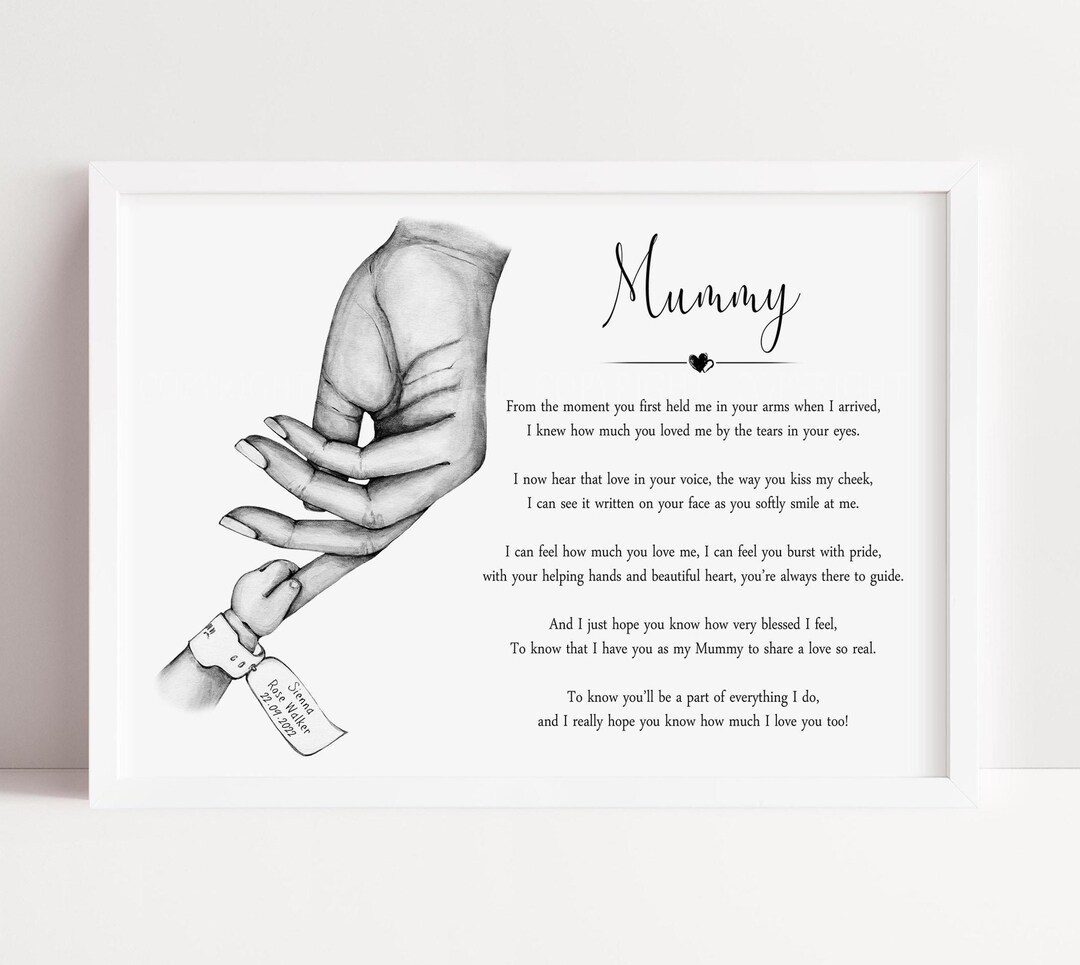 Personalised Mummy Print Gift Baby Birth Poem Hands ONE CHILD ONLY ...