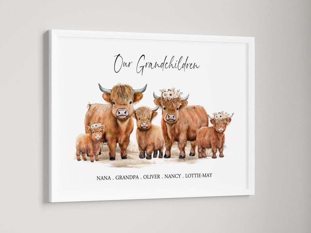 Personalised Highland Cow Grandparent Gift Print up to 8 Family Members ...