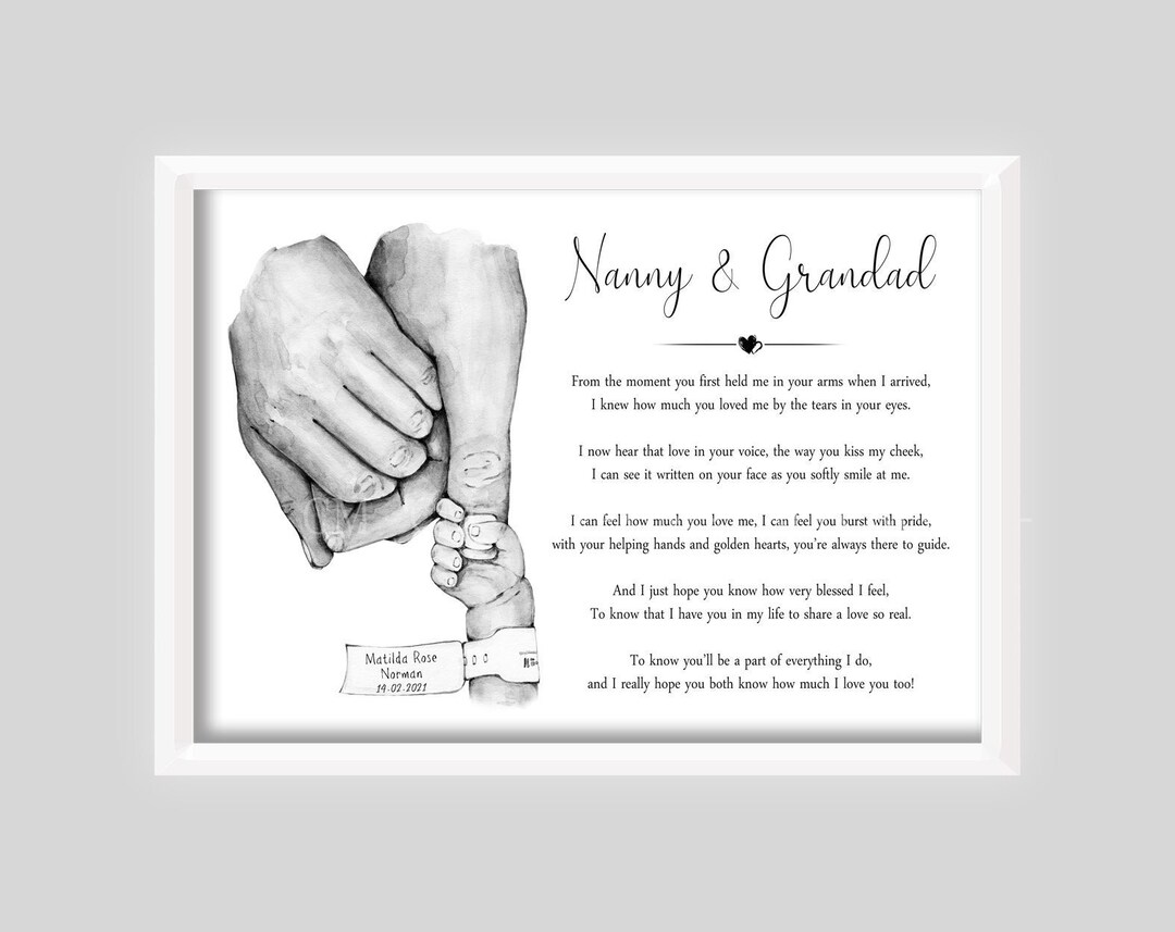 Personalised Grandparent Nan Grandad Print Gift Baby Birth Poem Hands ...