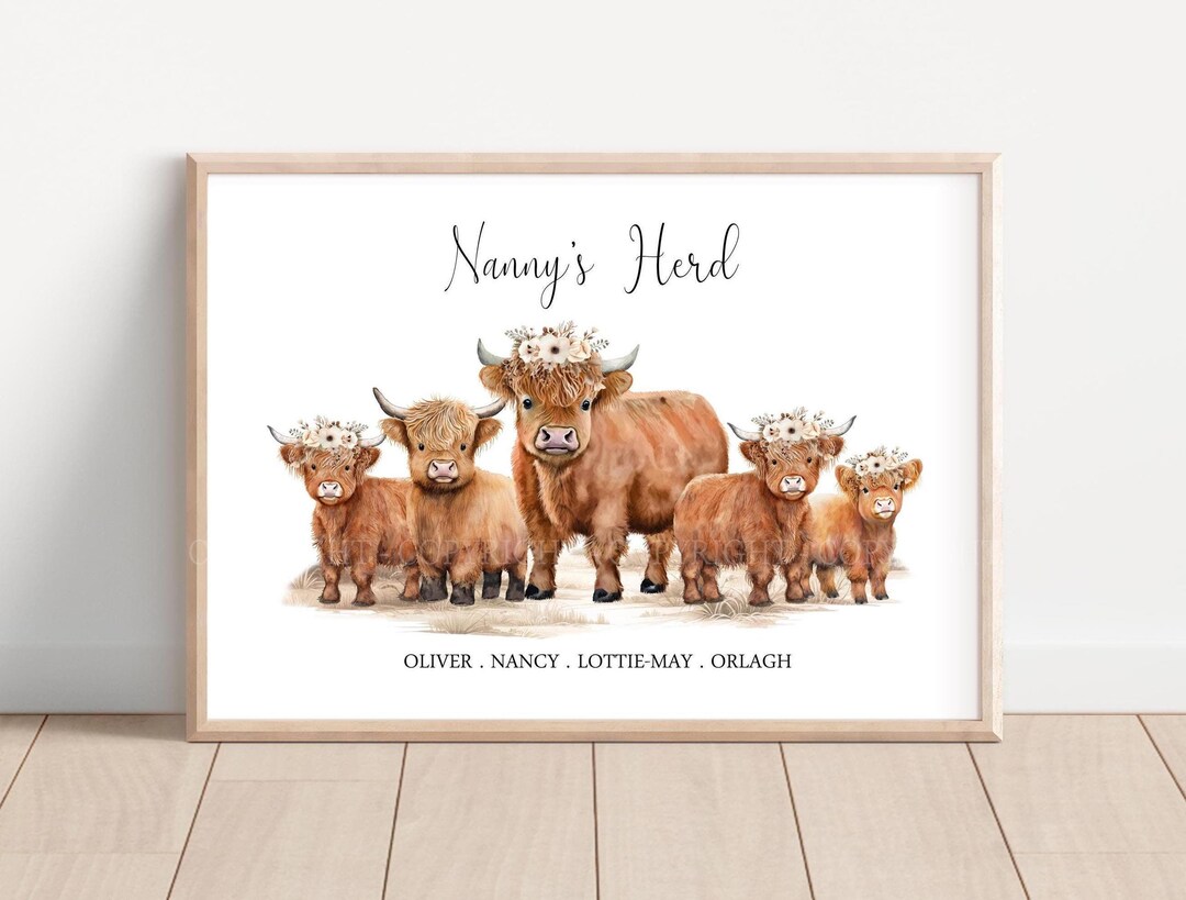 Personalised Highland Cow Grandparent Gift Print up to 8 Family Members ...