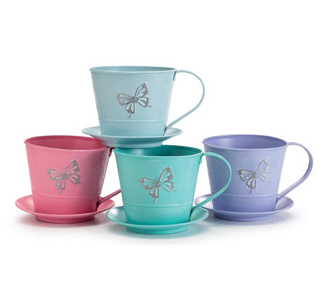 Spring Butterflies Butterfly 4 Colors Metal Tin Cup and Saucer Planter ...