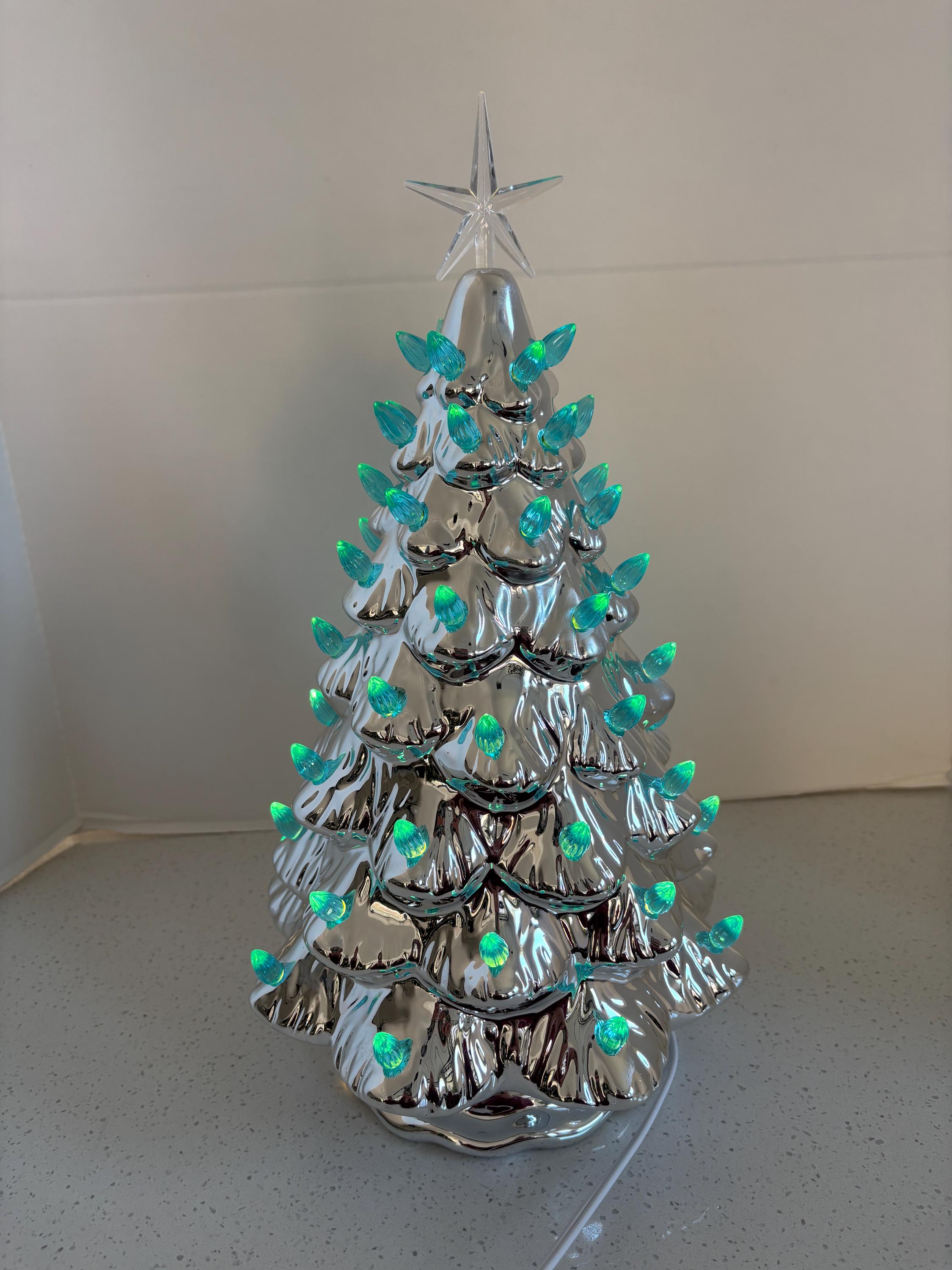 Silver Metallic Ceramic Christmas Tree With Blue Lights - Etsy