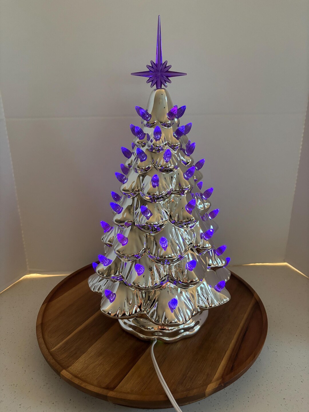 Silver Metallic Ceramic Christmas Tree With Purple Lights - Etsy