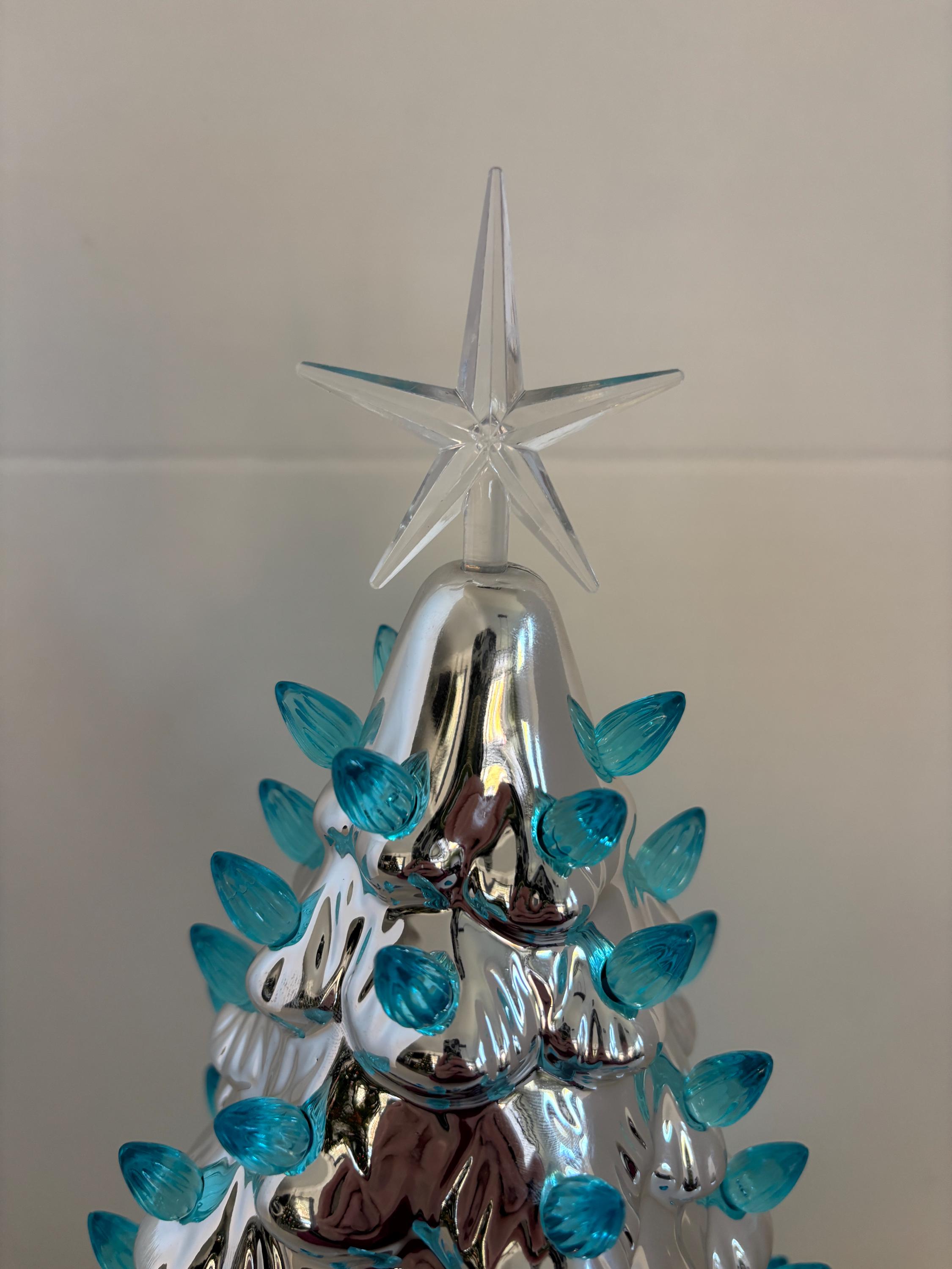 Silver Metallic Ceramic Christmas Tree With Blue Lights - Etsy