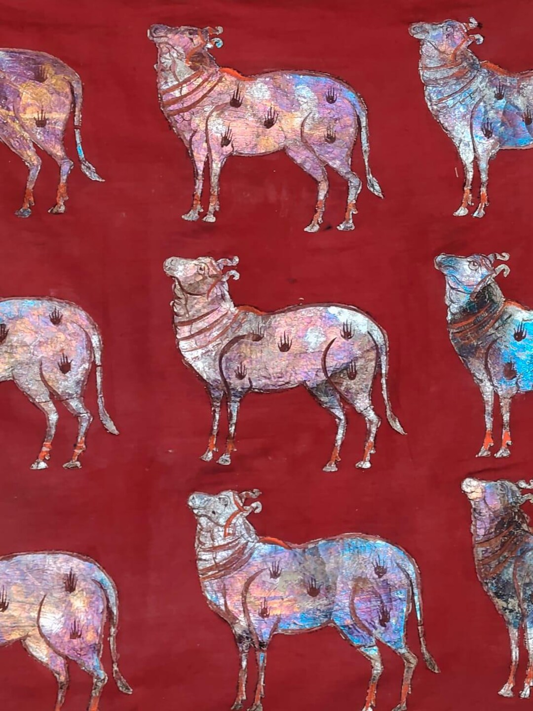Handmade Silver Leaf Artwork on Fabric, Sheep Design Indian Folk Art ...