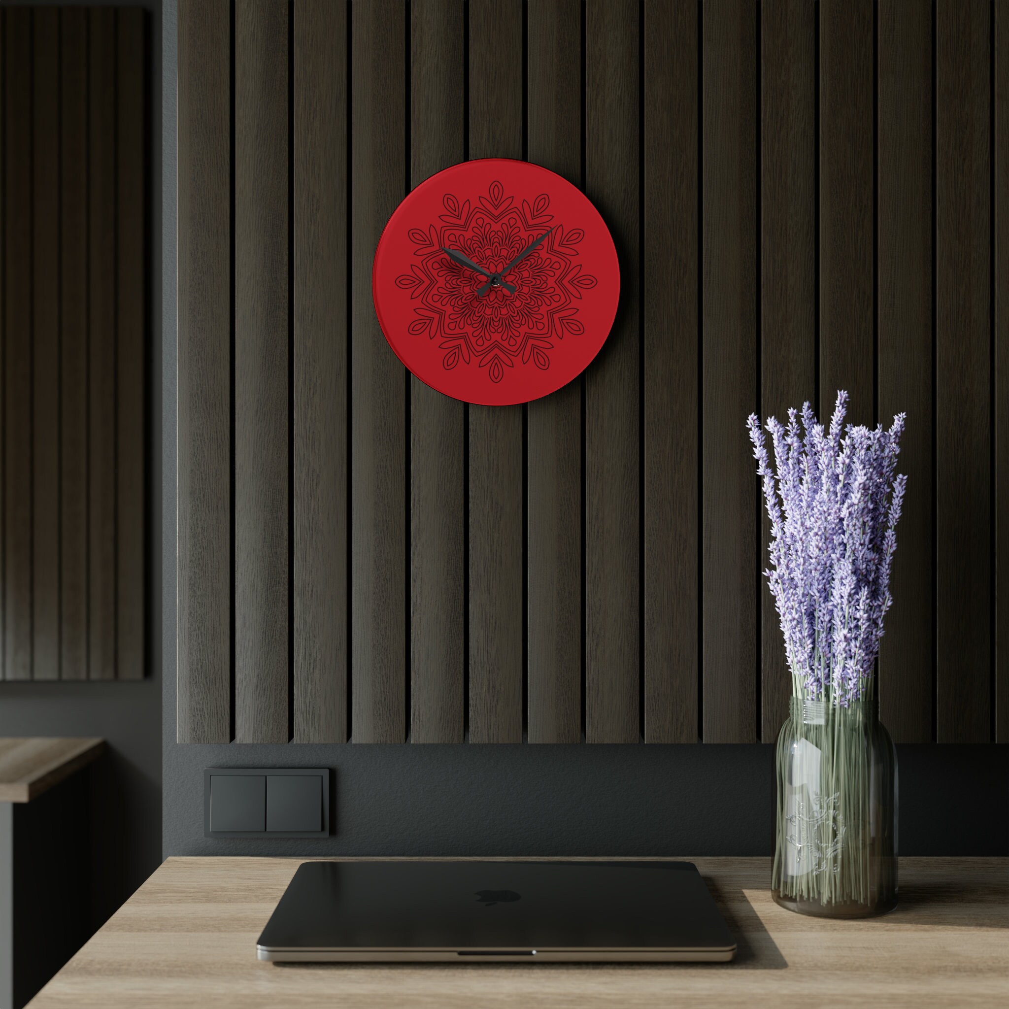 Red Mandala Art Round Wall Clock, Bright Red Wall Art, Unique ...