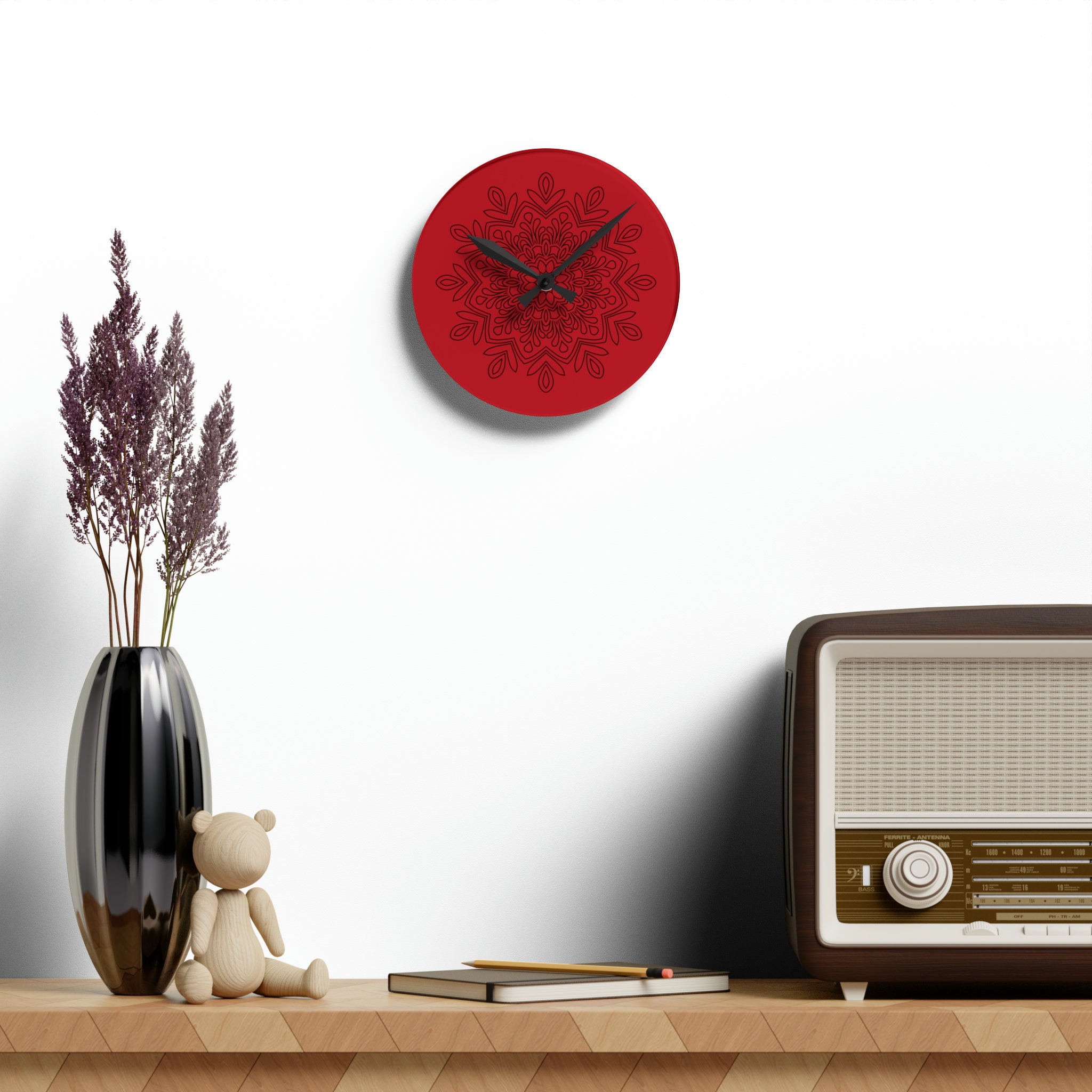 Red Mandala Art Round Wall Clock, Bright Red Wall Art, Unique ...