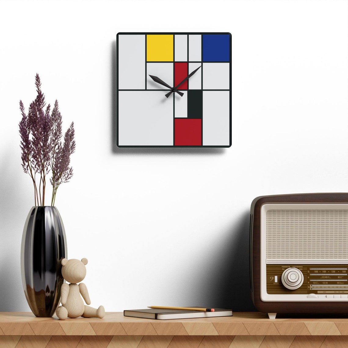 Red Blue Yellow Bold Retro Square Wall Clock, Silent Clock, Functional ...