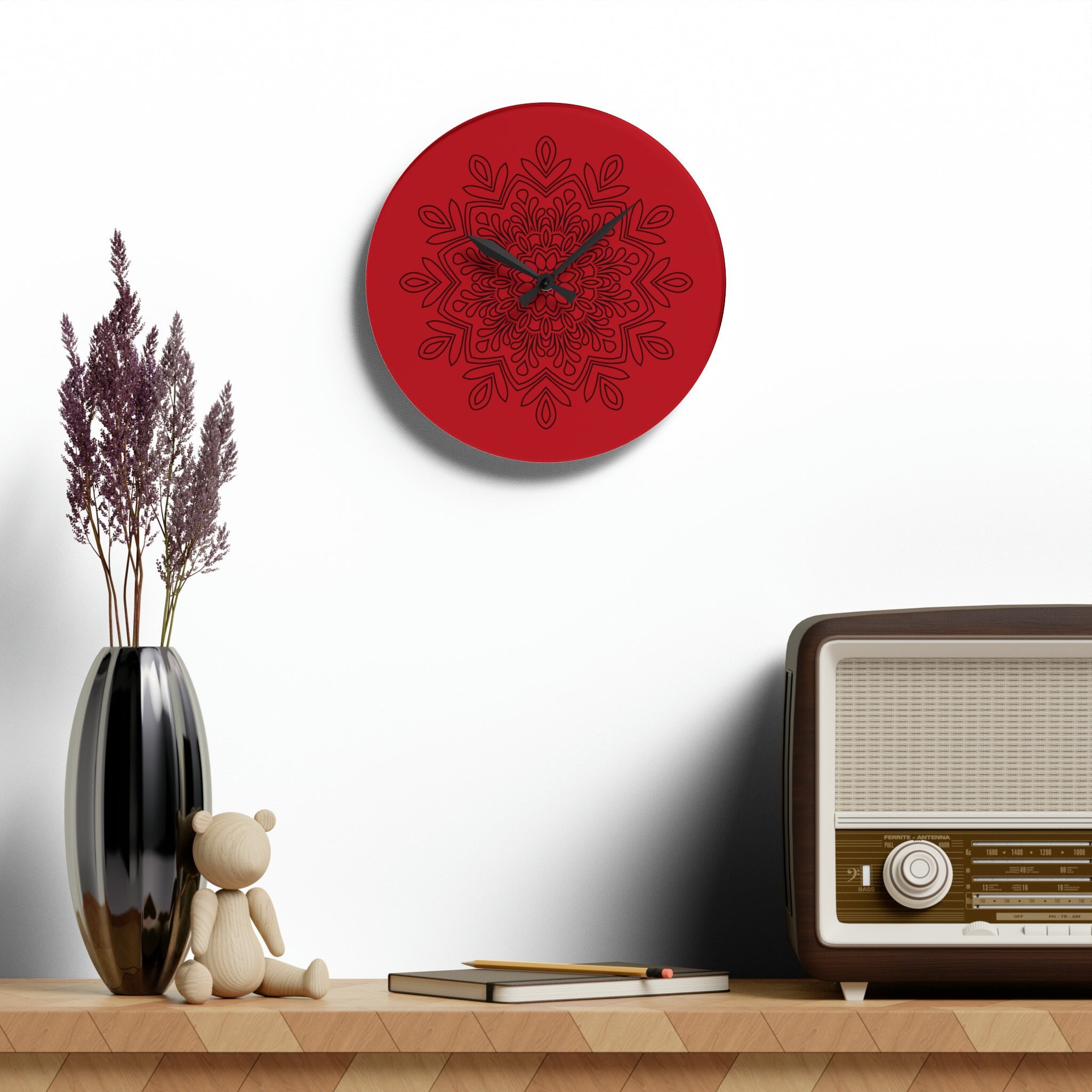 Red Mandala Art Round Wall Clock, Bright Red Wall Art, Unique ...